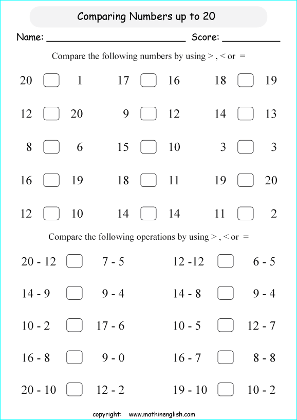Compare Numbers Up To 20 Grade 1 Math Worksheet For Math Tutoring And