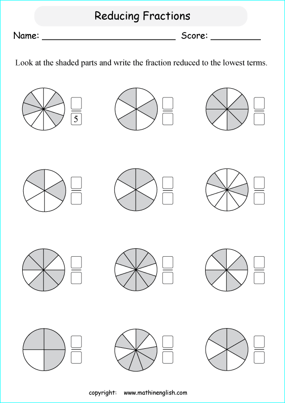 Reduce The Shaded Fractions Of Shapes To Their Lowest Terms Math Class