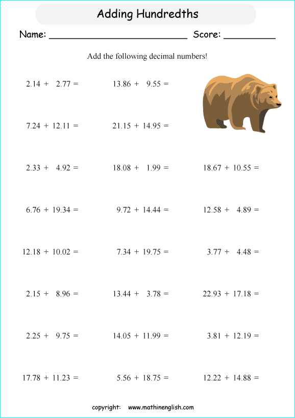 Addition Of Hundredths Decimal Worksheet For Class 4 Math Students 