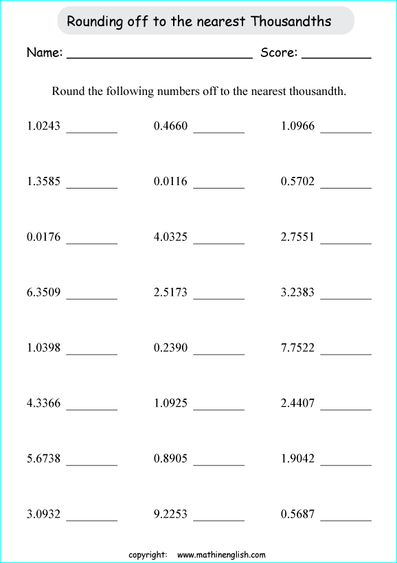Round These Decimal Numbers Off To The Nearest Thousandth Grade 5