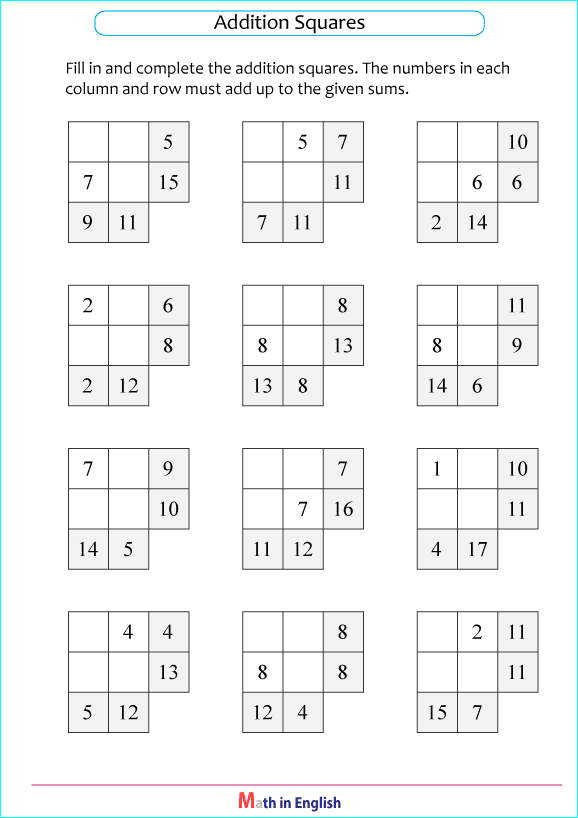 Addition Box Worksheets