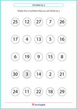 Math division facts 1 to 10 worksheets for primary math students.